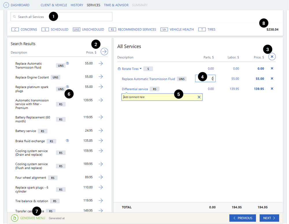 Services tab