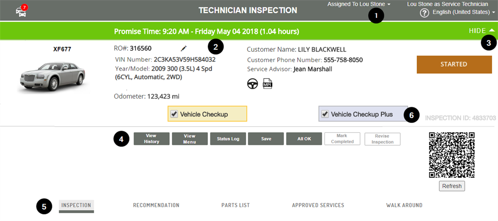 Inspection summary, function buttons and tabs