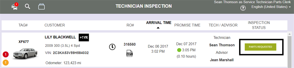 Finding the Inspection (Parts Advisor)