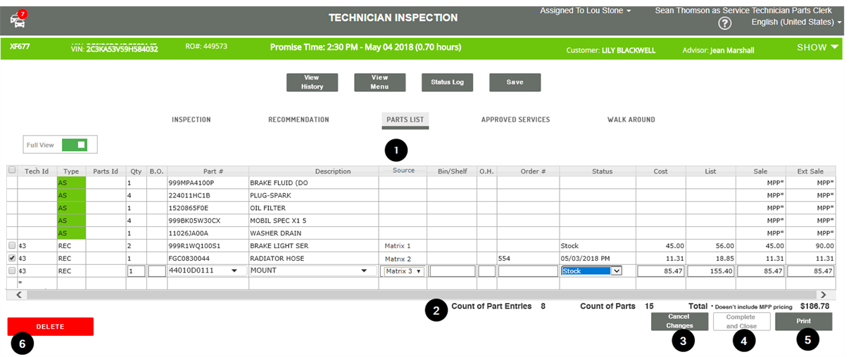Parts List page (Parts Advisor)