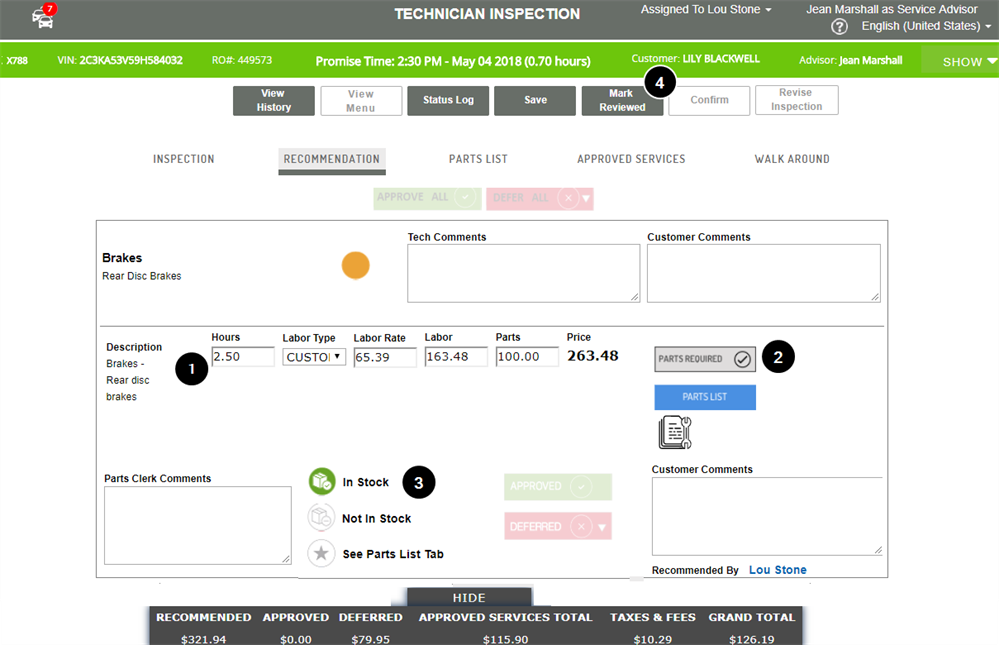 Finding the inspection (Service Advisor)