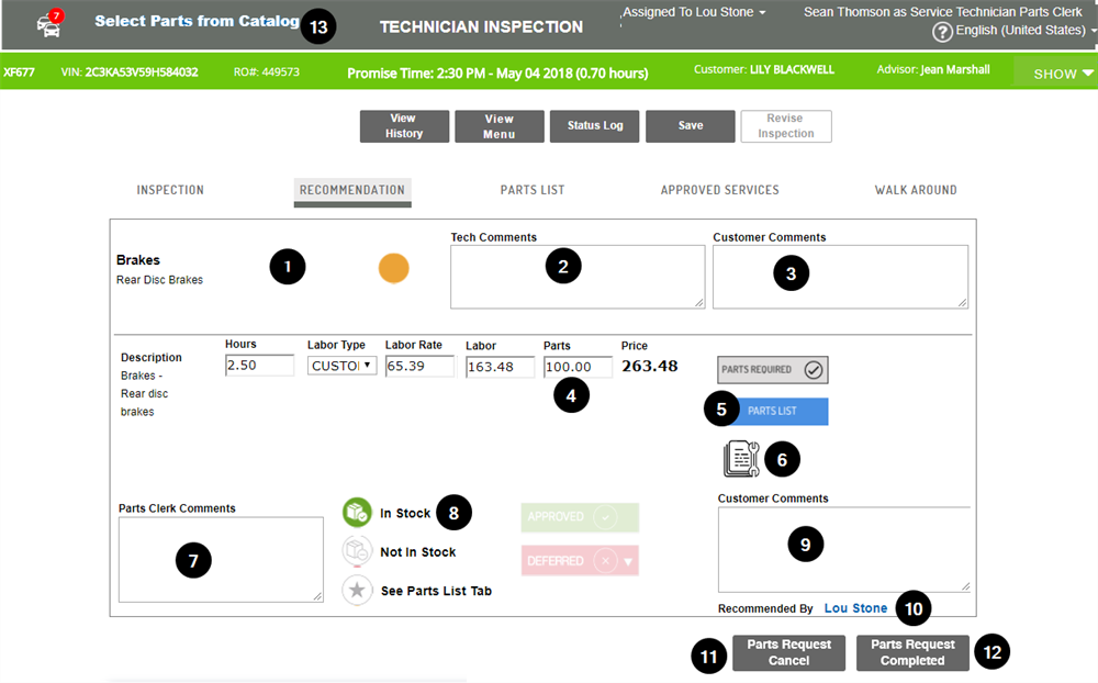 Recommendation page (Parts Advisor)