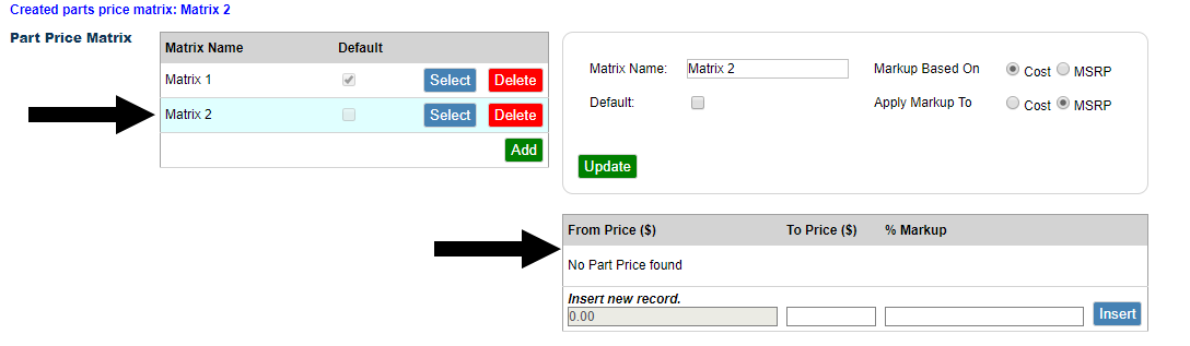 Configuring parts price matrices