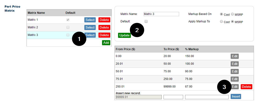 Configuring parts price matrices