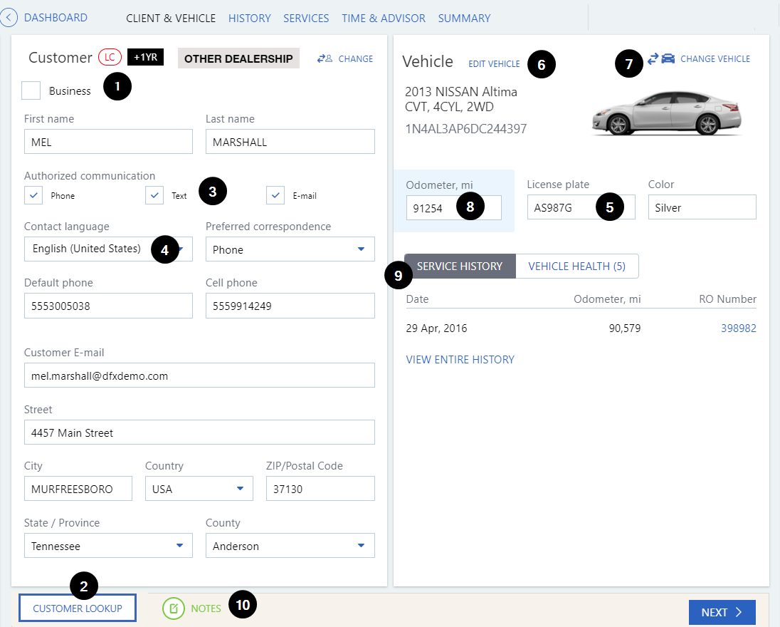 Client & Vehicle tab