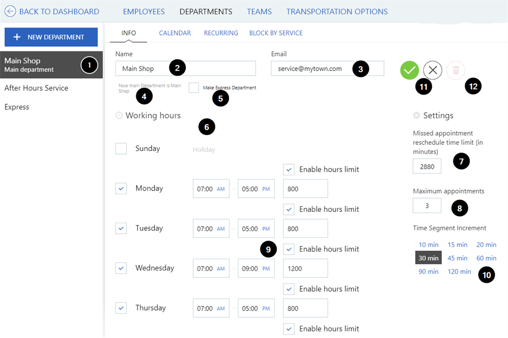 Departments – Info tab