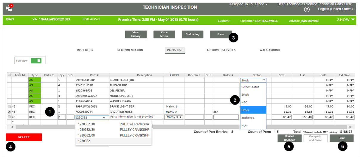 Completing the parts request